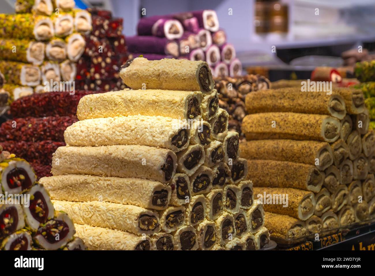 Traditional Turkish delight on the counter in close-up. Delicious ...
