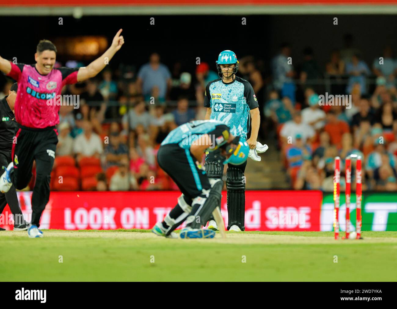 Gold Coast, Australia. 19th Jan 2024. Michael Neser bowled out by Ben ...