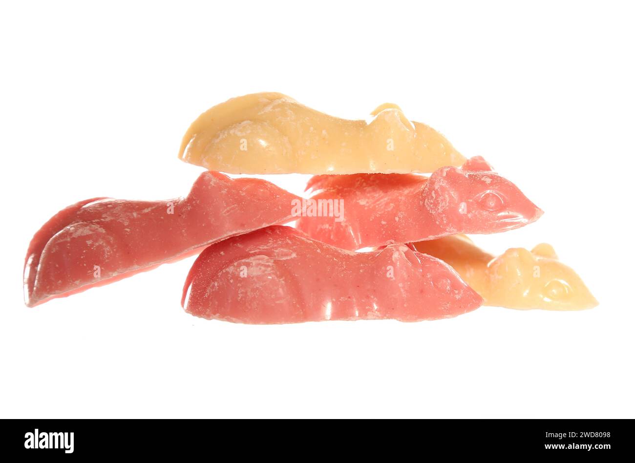 Pile of white and pink chocolate mice sweets isolated on a white ...