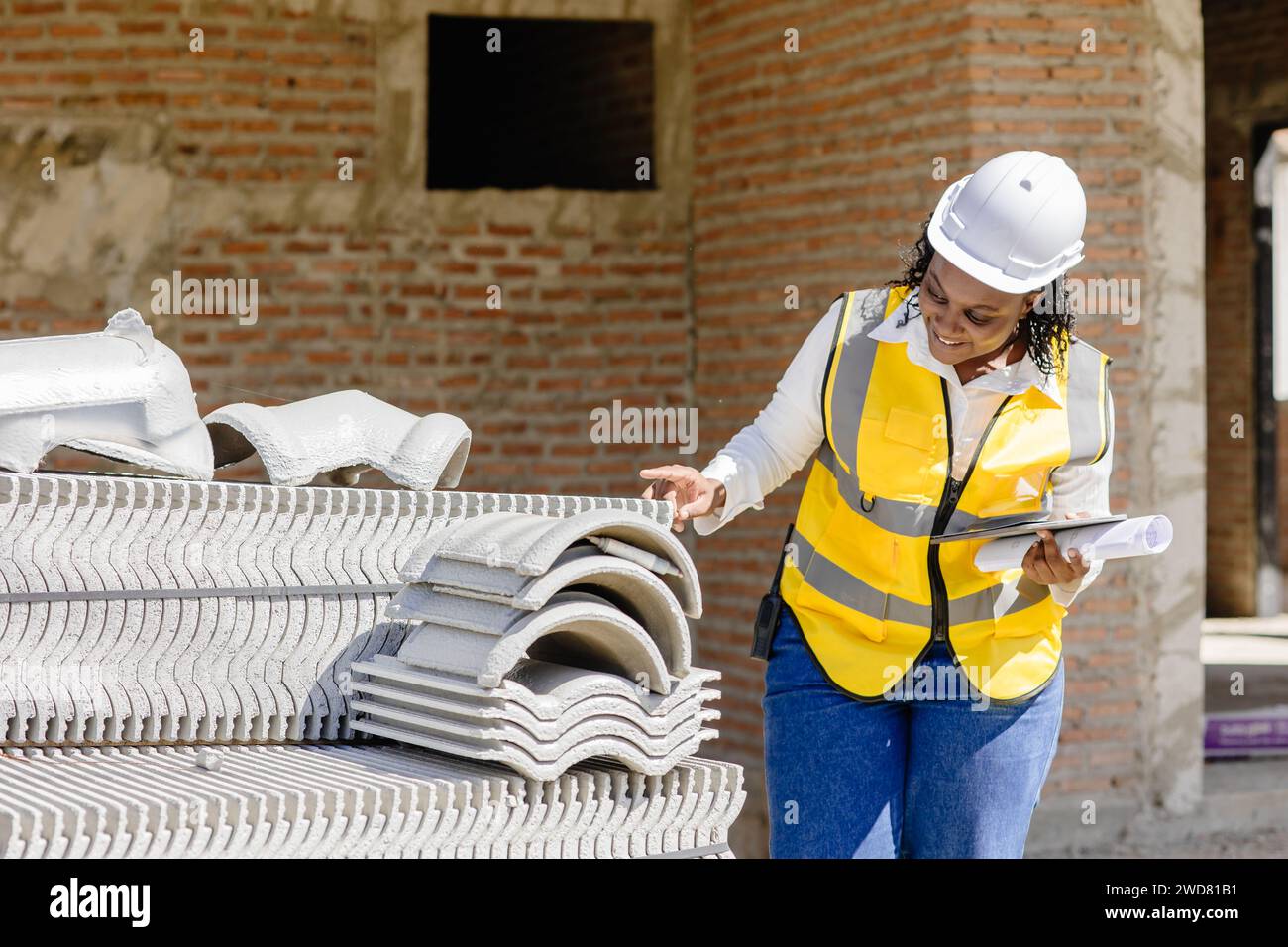 African black women worker work in construction site for site inspector ...