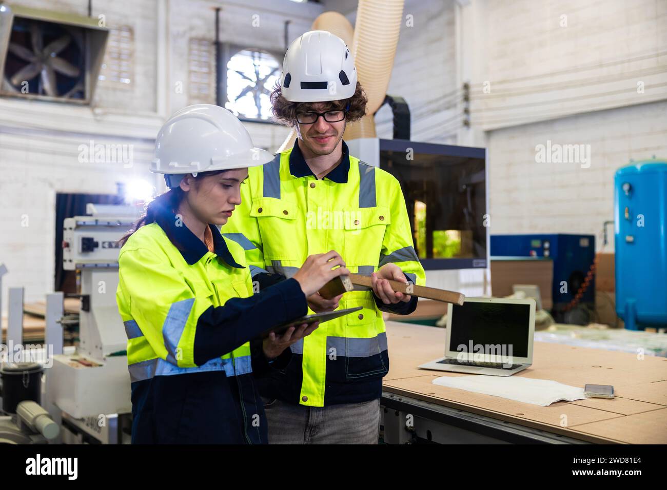 engineer team staff worker working in wooden furniture factory control ...