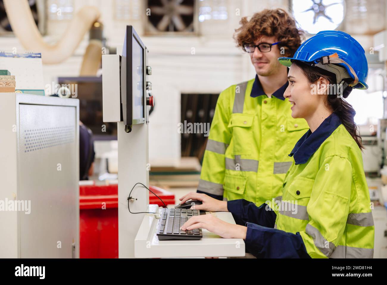 engineer team staff worker working in wooden furniture factory control ...