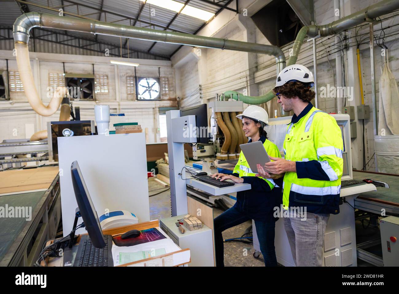 engineer team staff worker working in wooden furniture factory control ...