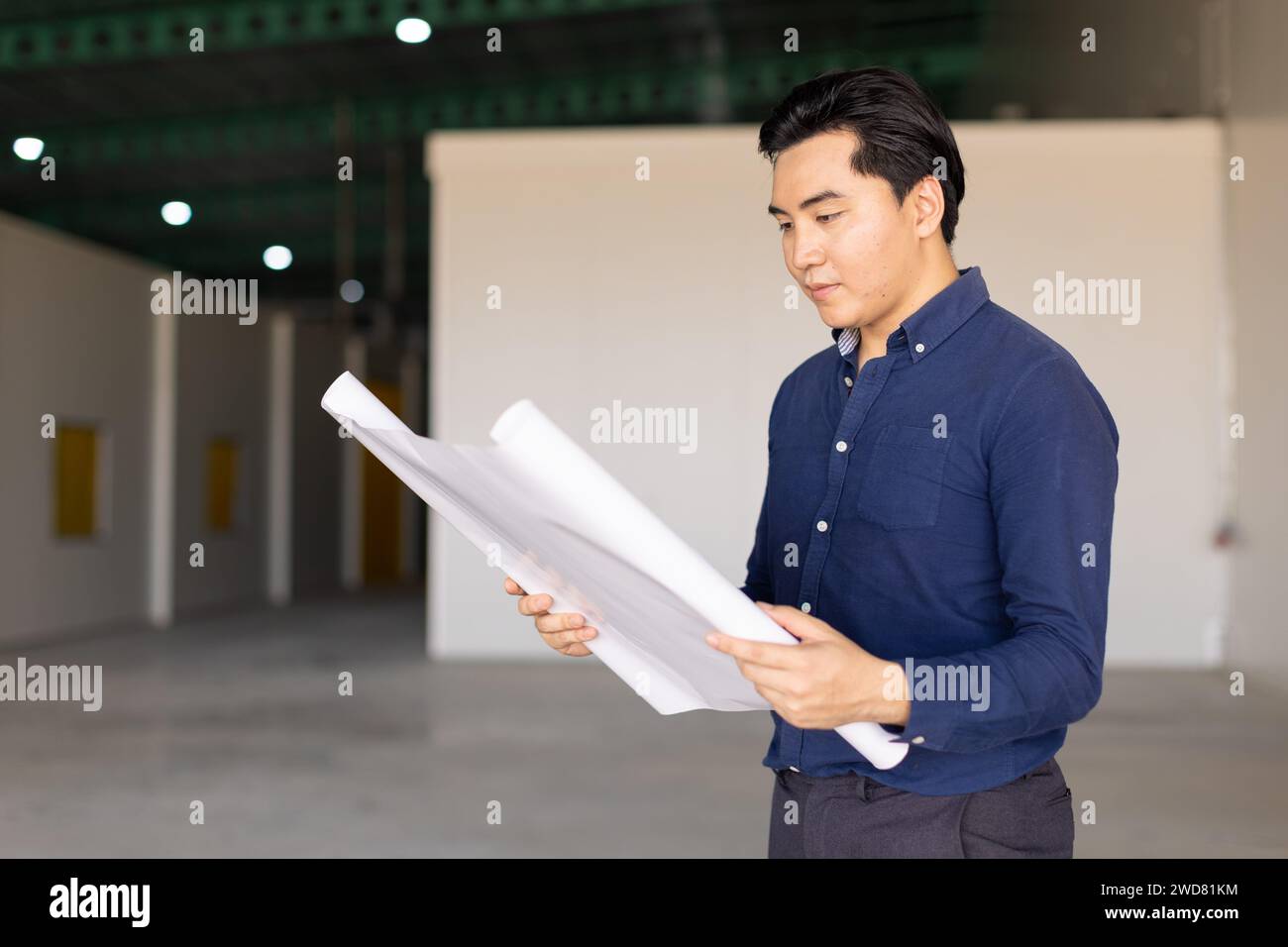 Asian engineer business architect male standing in factory building ...