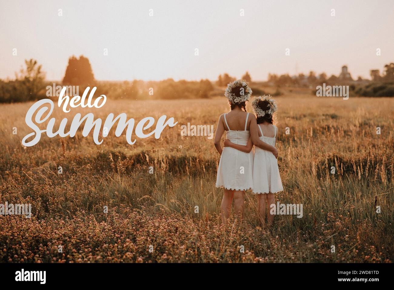 Greeting card with the inscription Hello Summer. Mother and daughter in ...