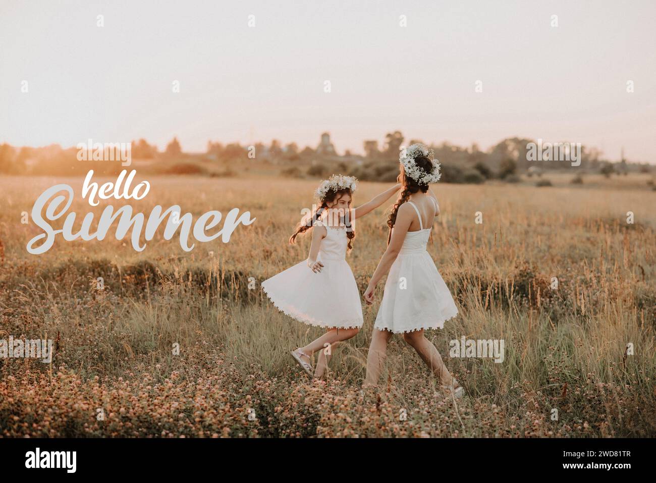 Greeting card with the inscription Hello Summer. Happy mom and daughter ...
