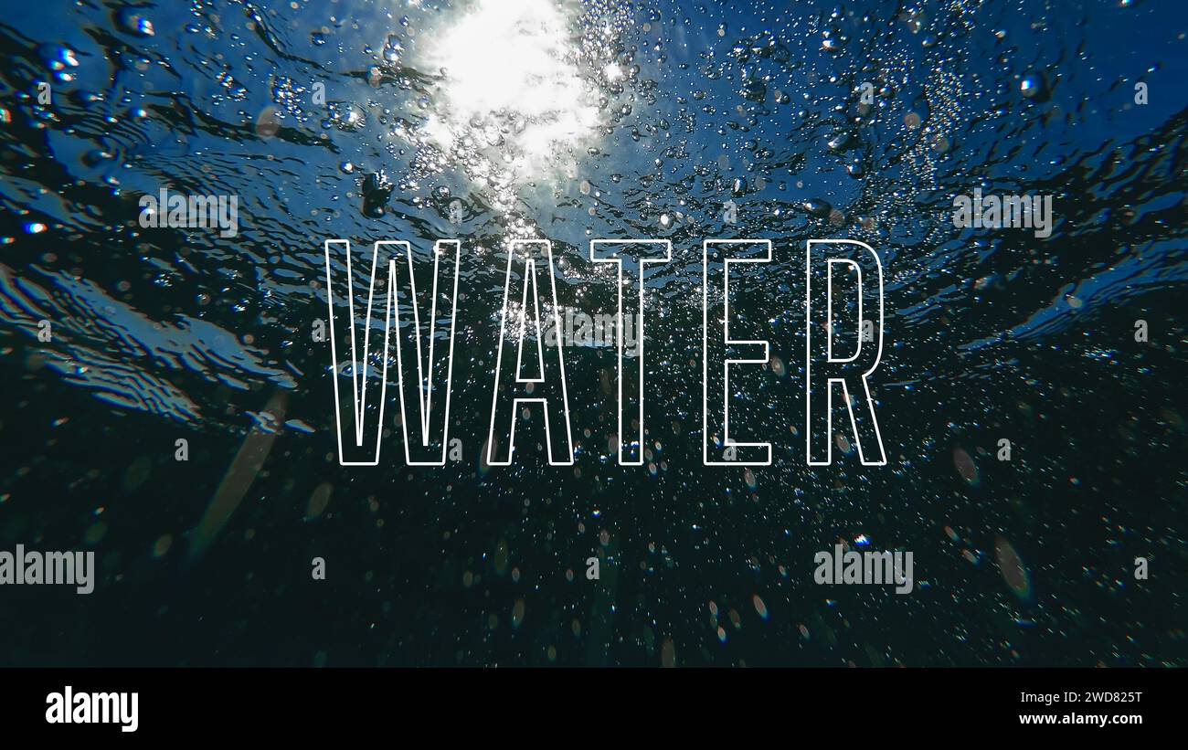 concept of clean water. Underwater background with air bubbles with sun ...