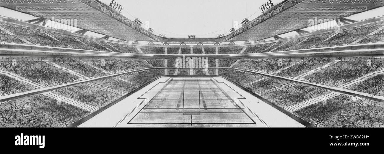 Architectural soccer filed project. Sketch of an empty open air ...