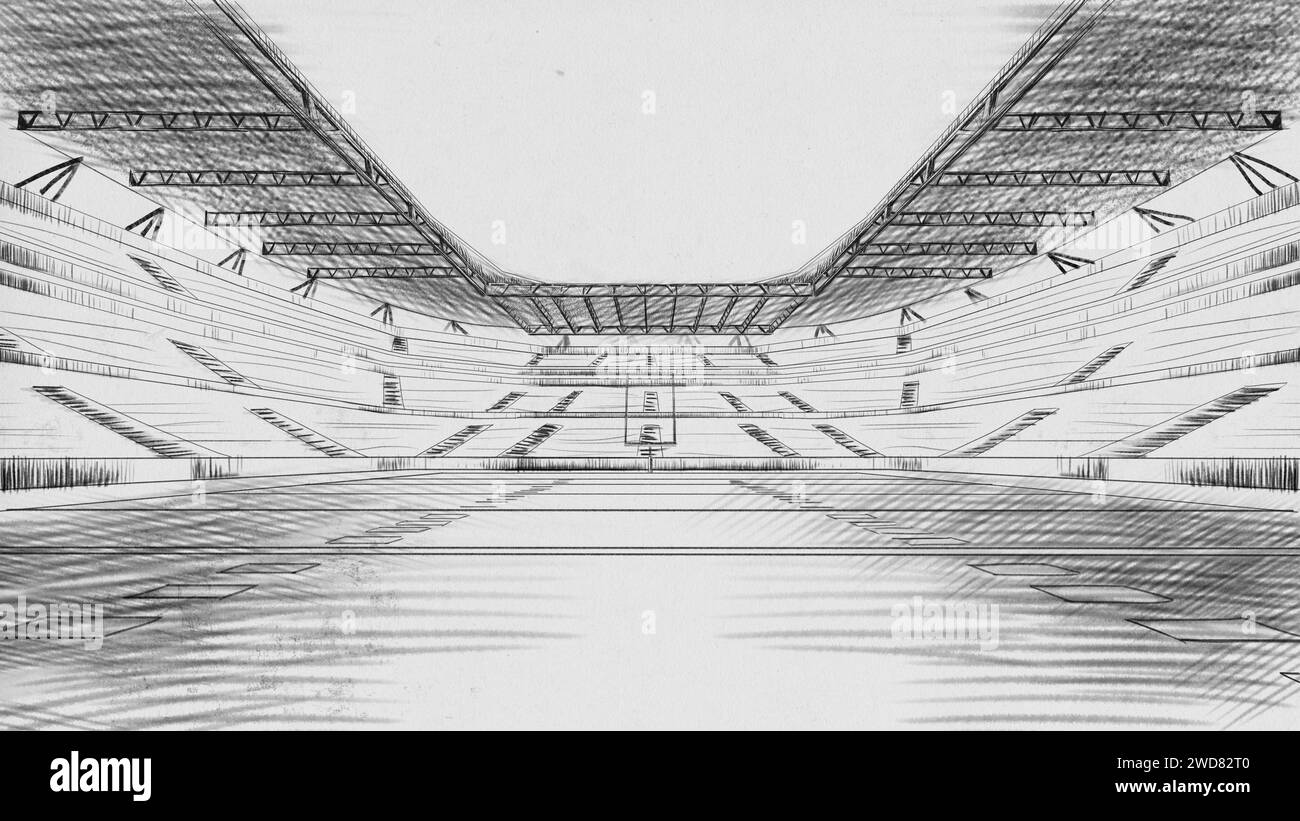 Architectural soccer filed project. Sketch of an empty open air stadium ...