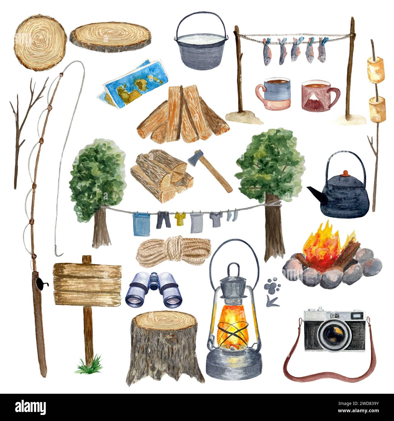 Watercolor camping set isolated on white Stock Photo - Alamy