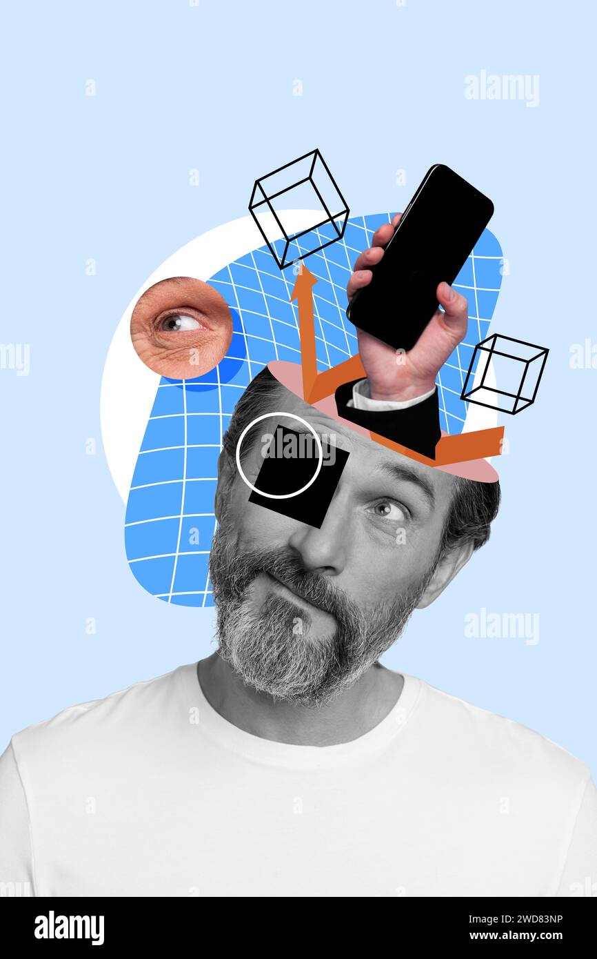 Virtual surreal photo collage of thoughts visualization inside head of ...