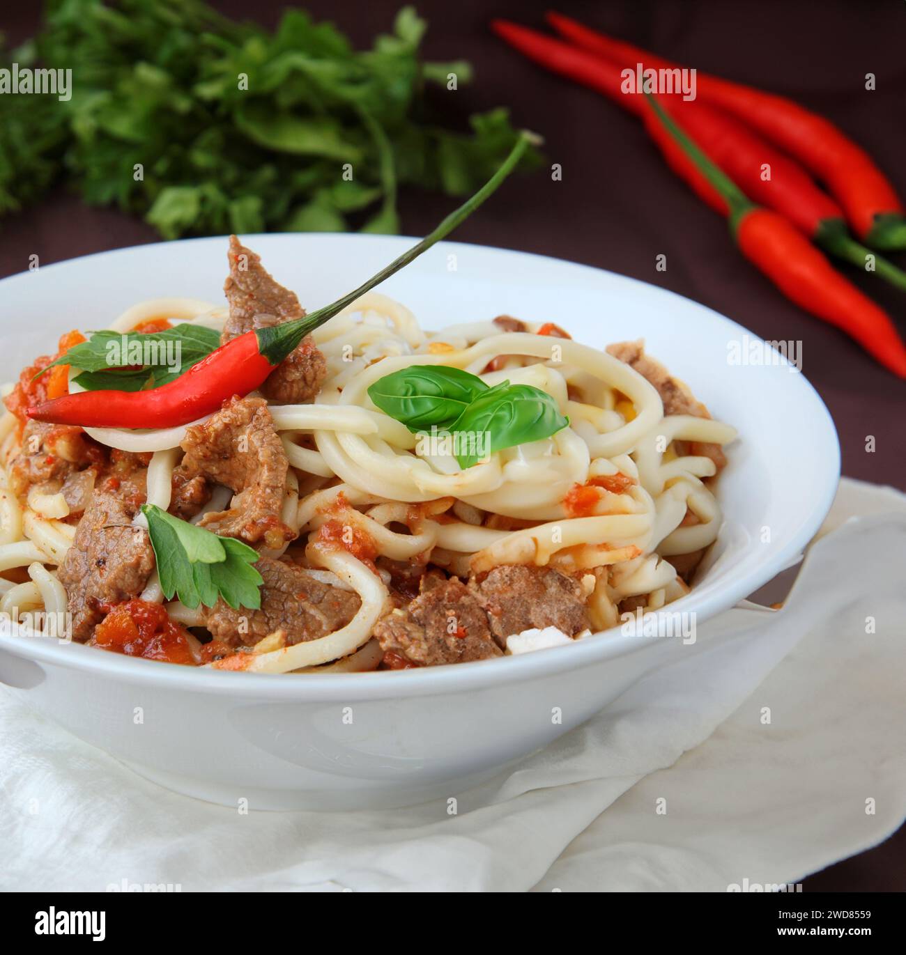 traditional dish lagman noodles with vegetables and meat Stock Photo ...