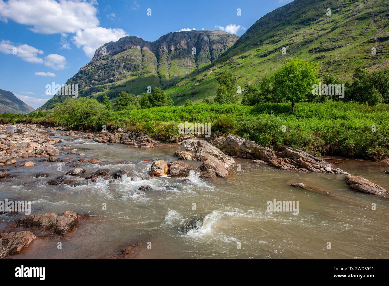 Summer scene from the river coe towards Bidean nam bian, Glencoe, West ...