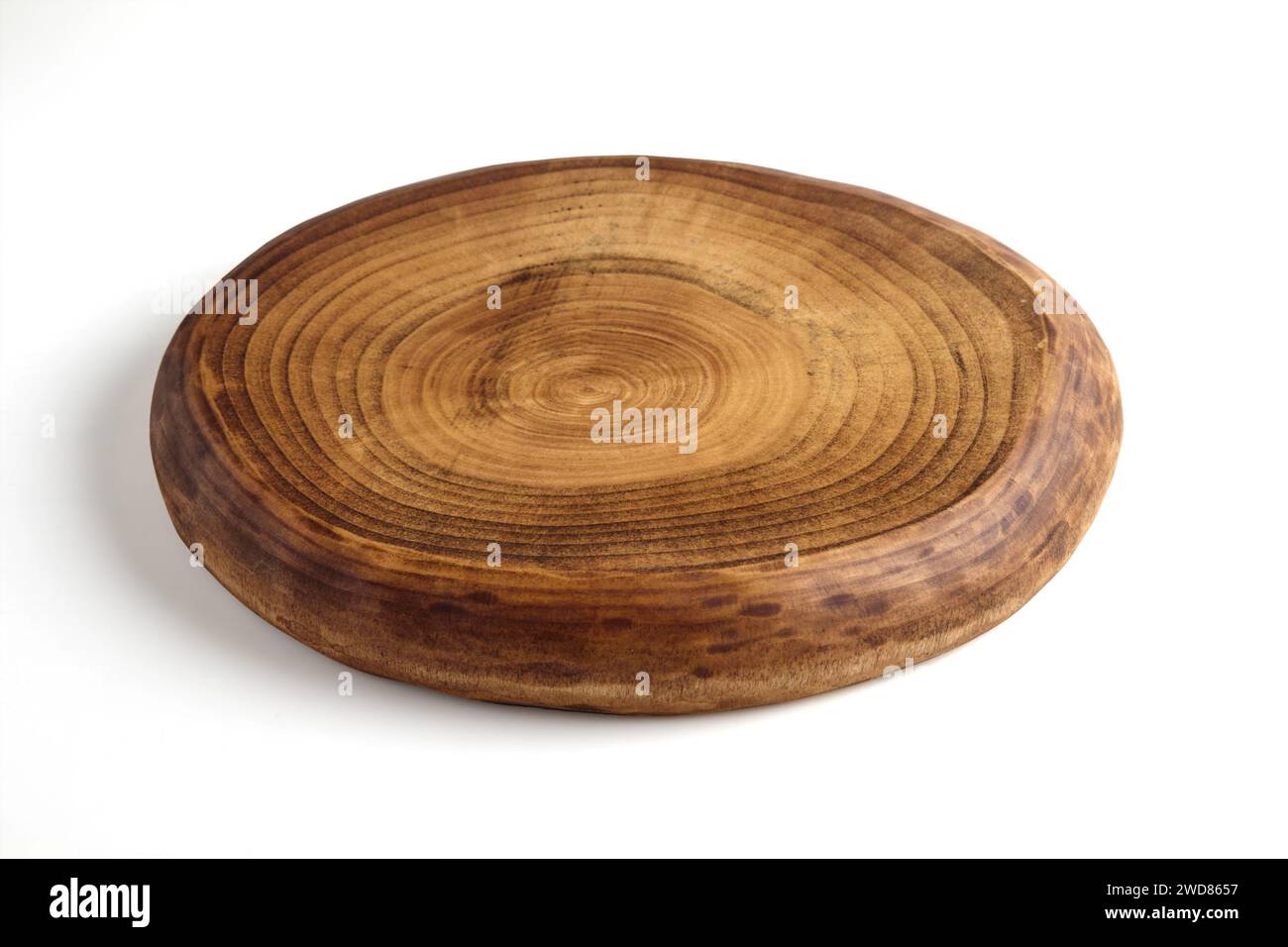 Round natural wood stand for displaying food or product isolated on ...
