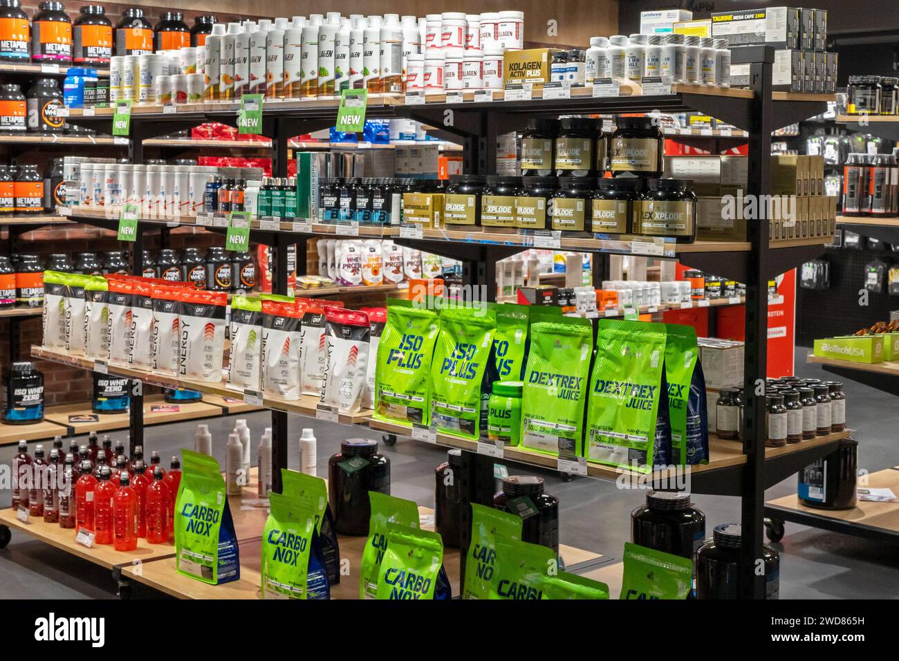 Diversity of food supplements in sport nutrition store. Minsk, Belarus ...