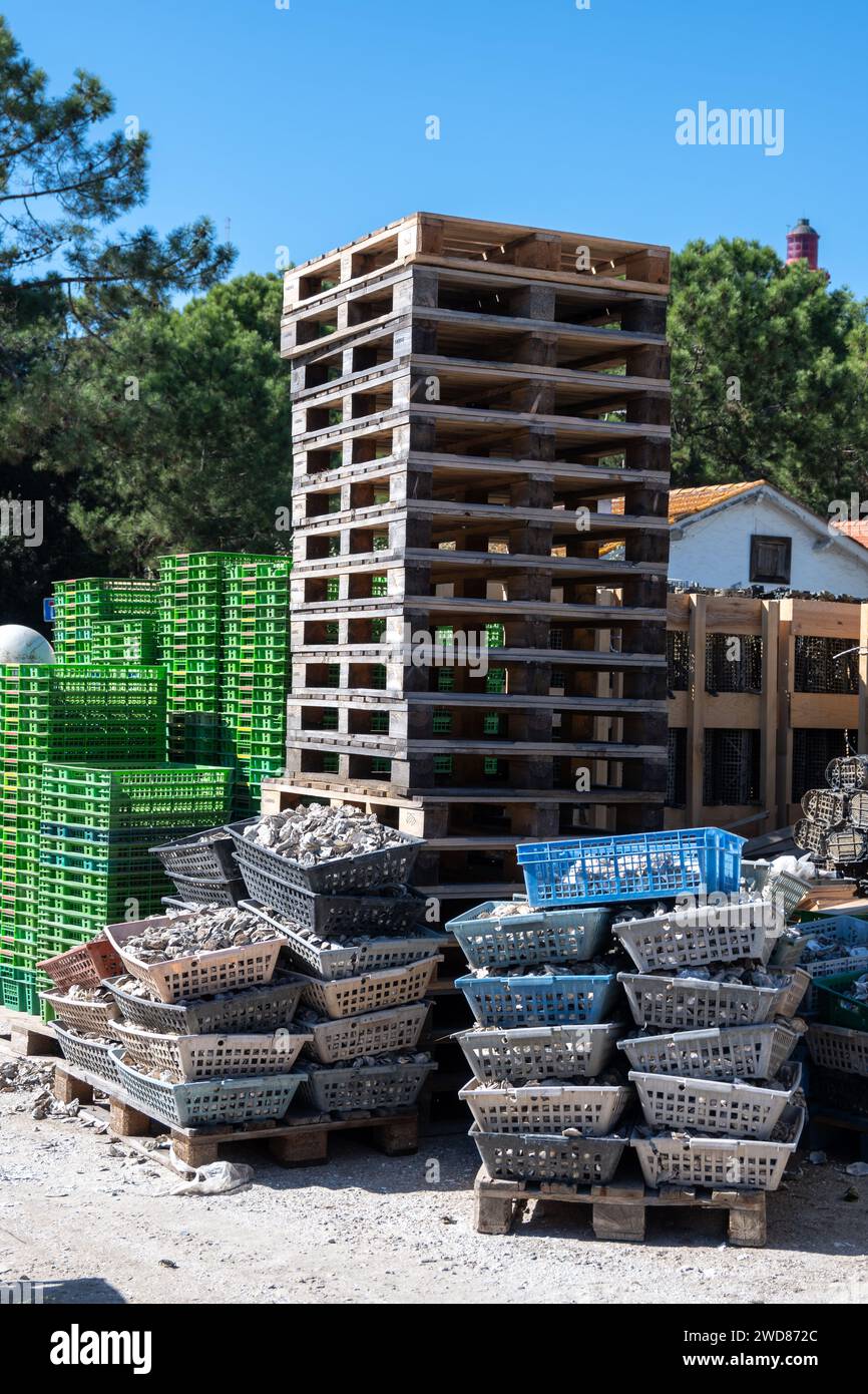 Equipment of oysters farm in Arcachon Bay near Le Phare du Cap Ferret ...