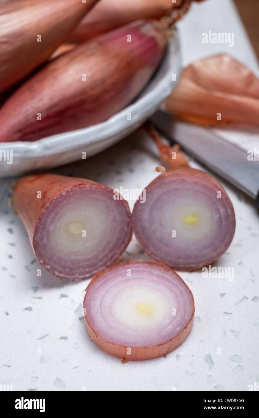 French long pink shallots grappe onion from Brittany, France close up ...