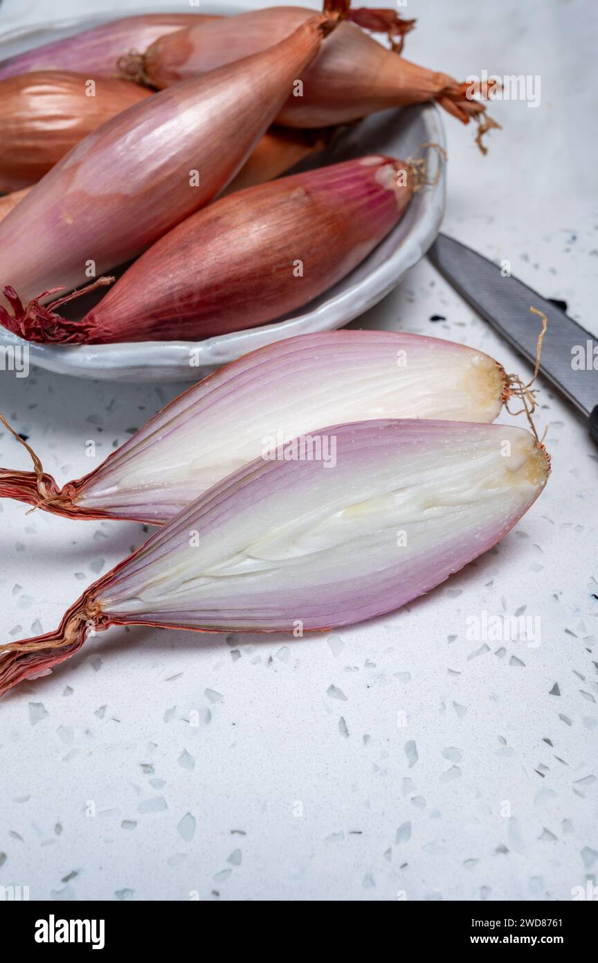 French long pink shallots grappe onion from Brittany, France close up ...