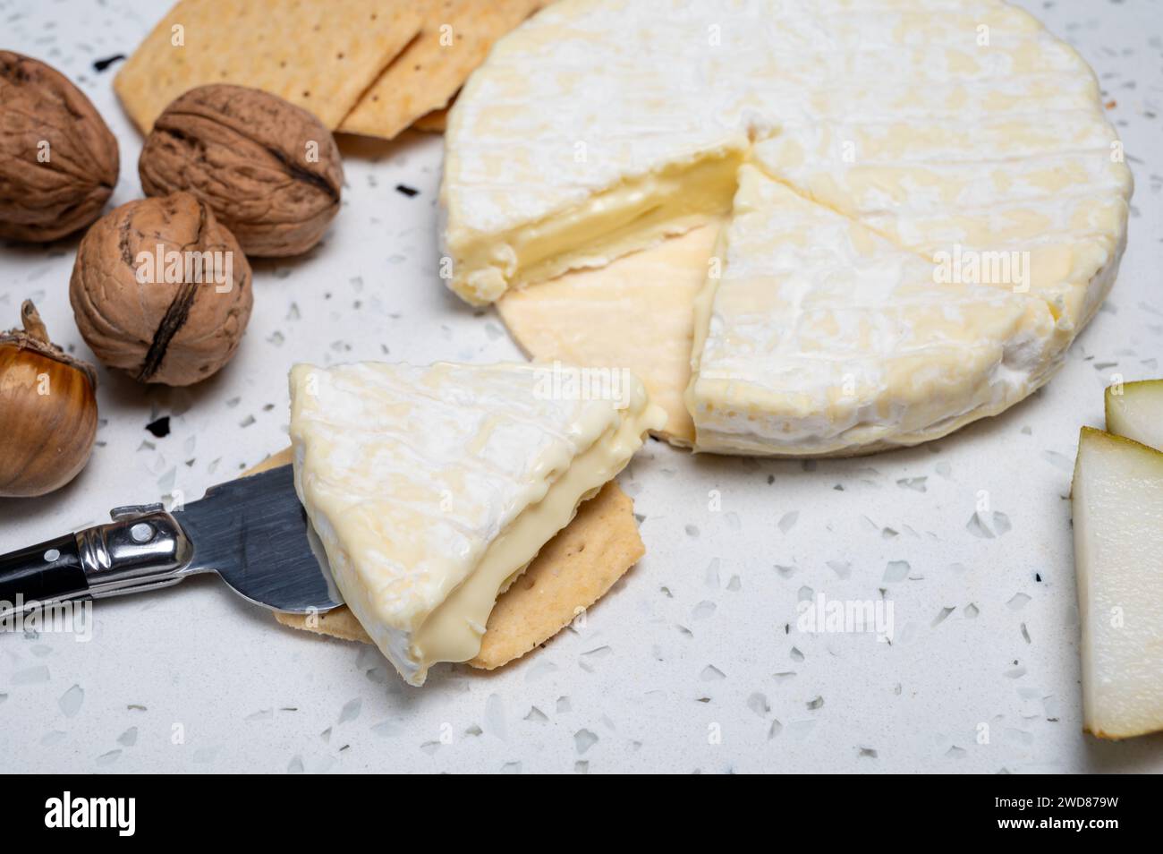 French soft Cremeux de Normandie cheese, soft creamy cheese with white ...