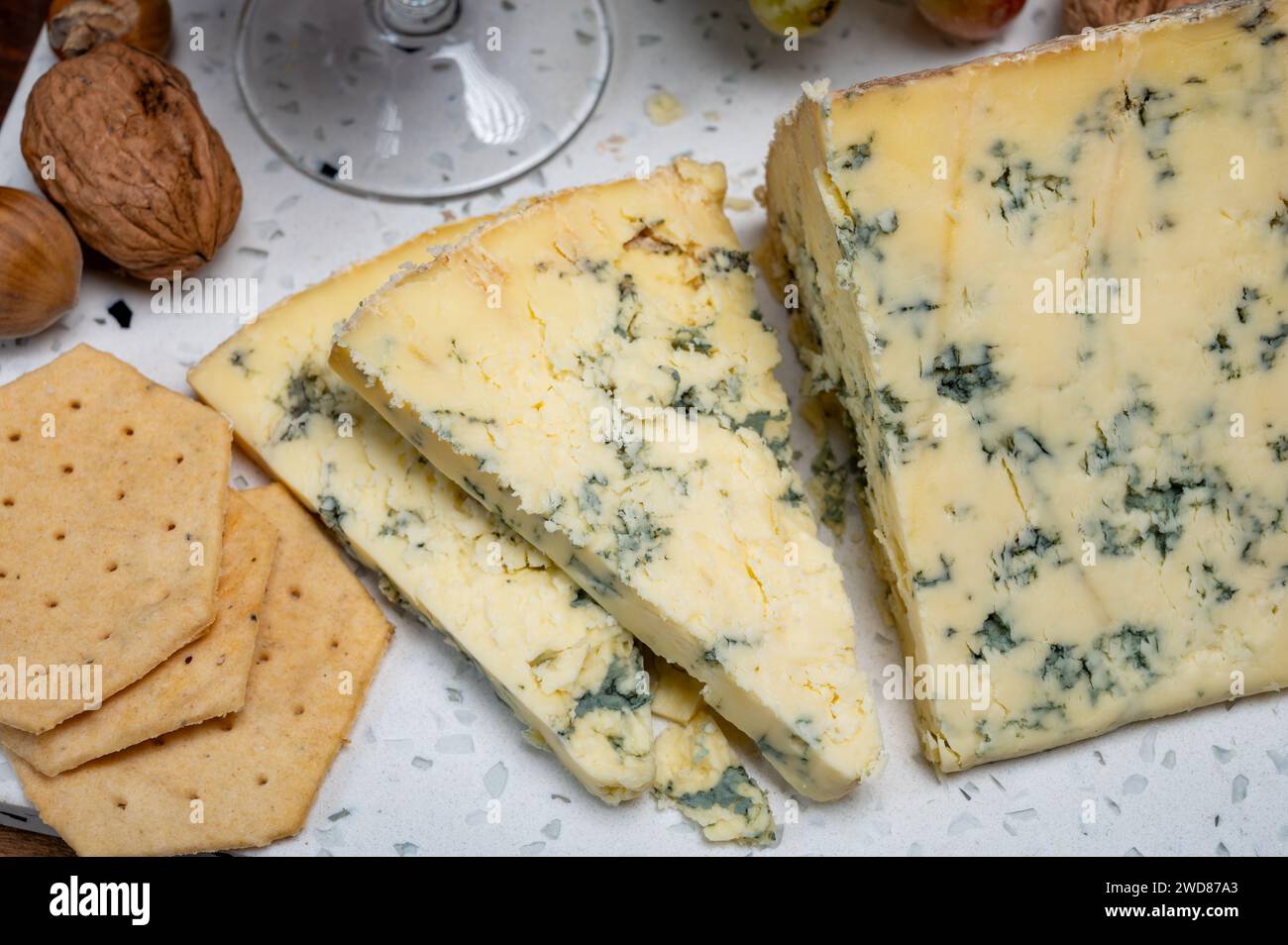 Cheese collection, English cow milk semi-soft, crumbly old stilton blue ...