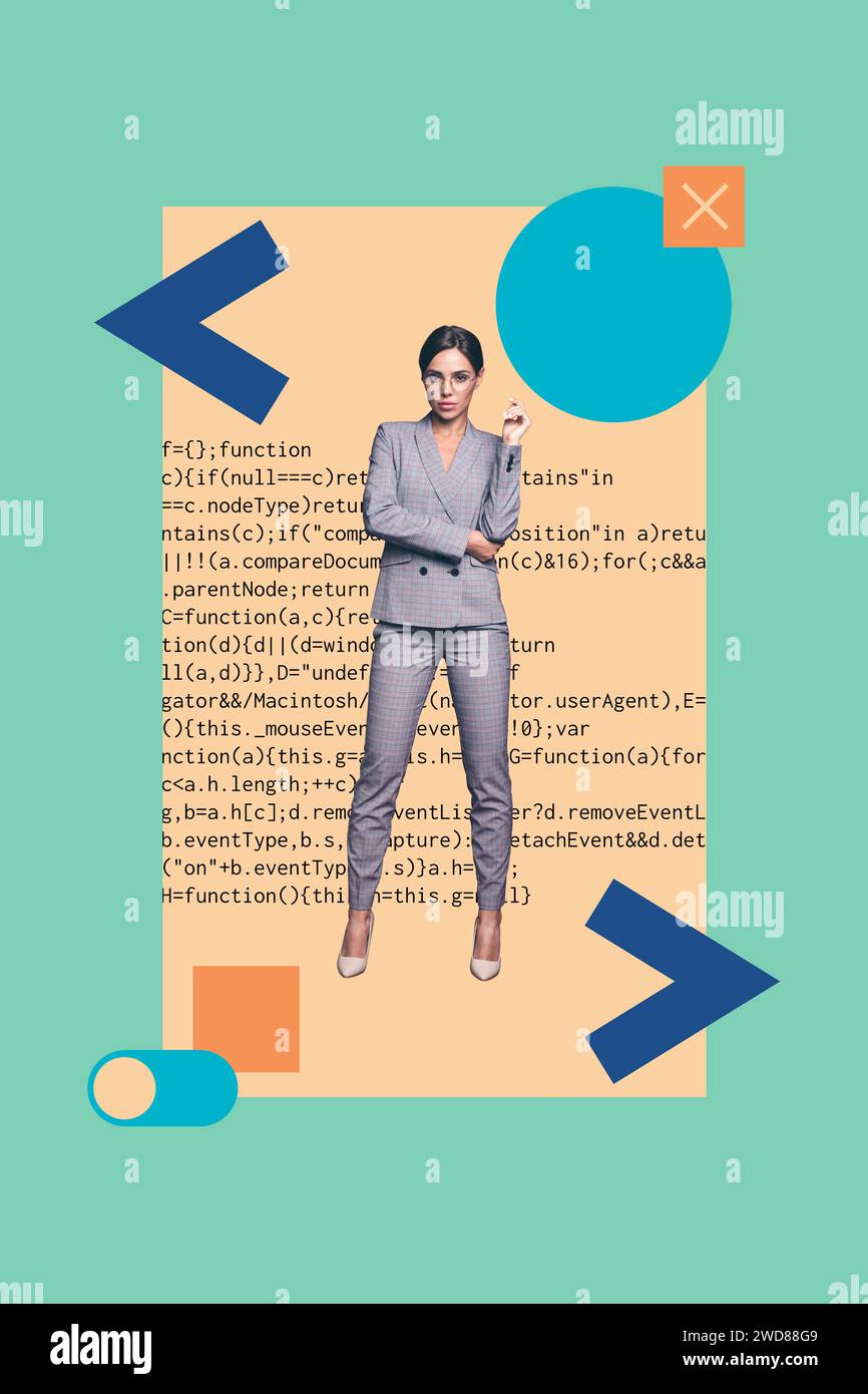 Vertical creative collage image of confident woman programmer data ... Vertical creative collage image of confident woman programmer data ...