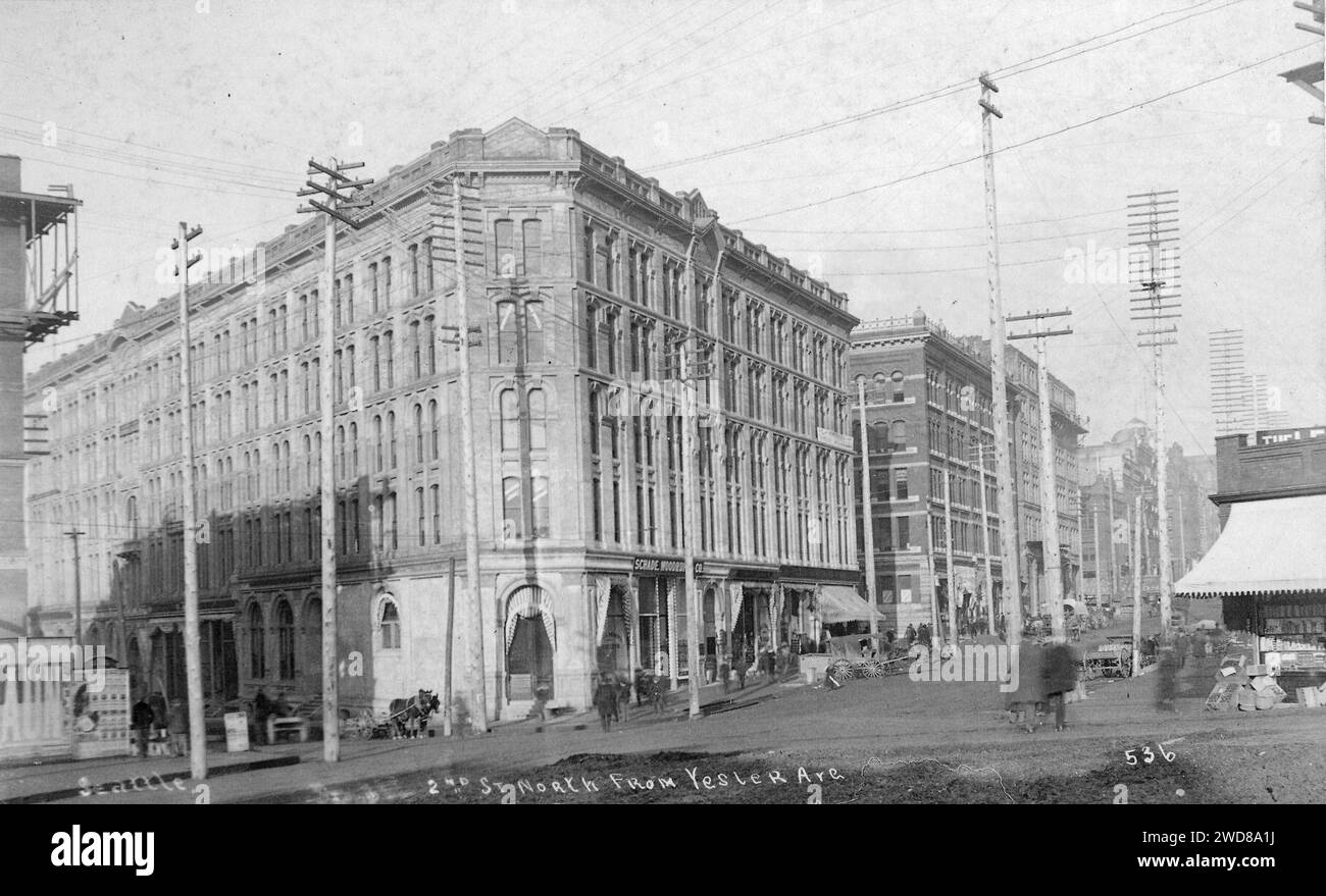 2nd Ave looking northwest from Yesler Way showing the Seattle Hotel ...