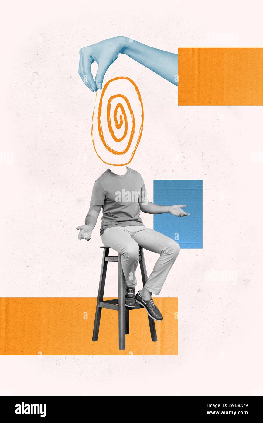 Vertical creative collage poster sitting young man confused hypnosis ...