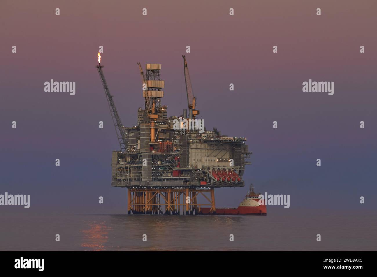 Close up panoramic view of offshore oil and gas jackup platform, during ...