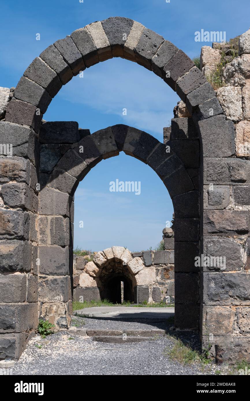 Detail section of the stone archways and walls of the restored Belvoir Crusader Castle in the ...
