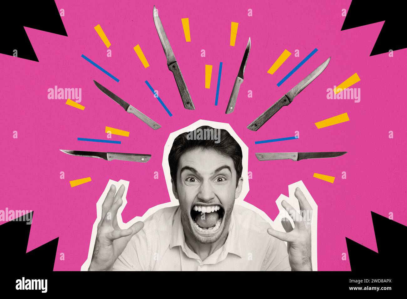 Photo collage illustration young screaming man suffering knives pain ...