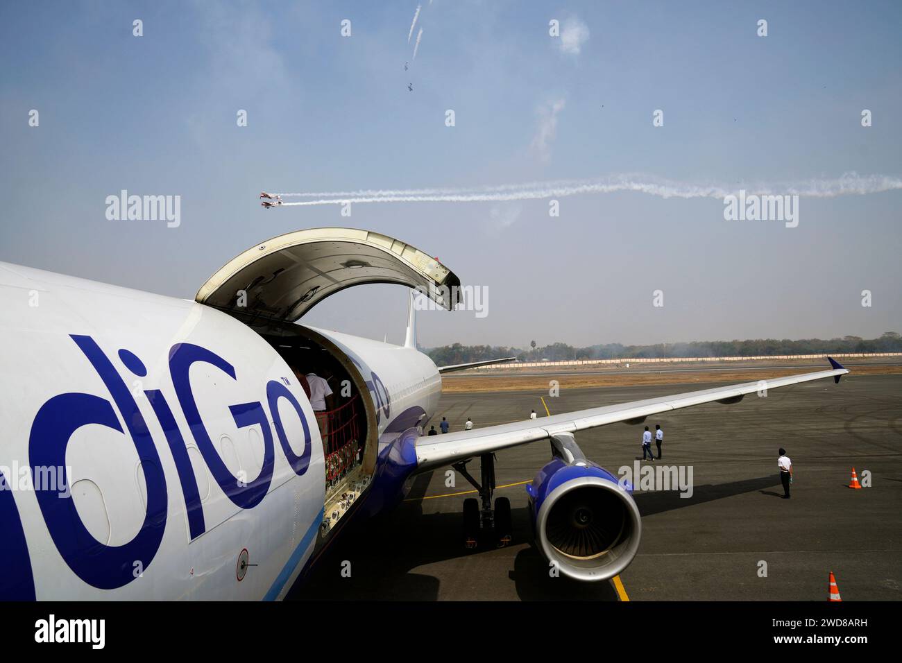 Abarth aircrafts perform an aerobatic display behind an Indigo airlines ...