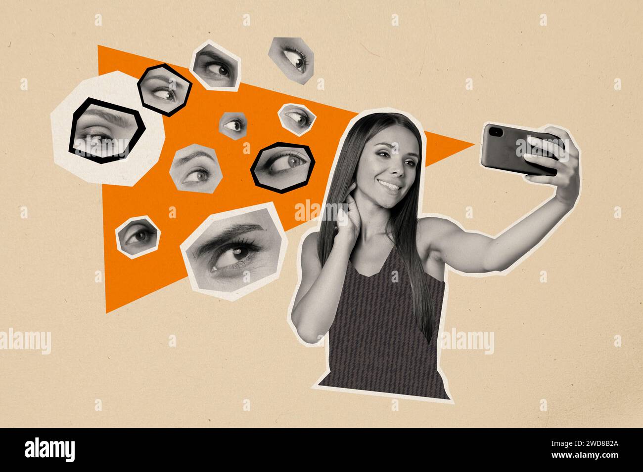 Creative photo collage image young girl making selfie many eyes ...