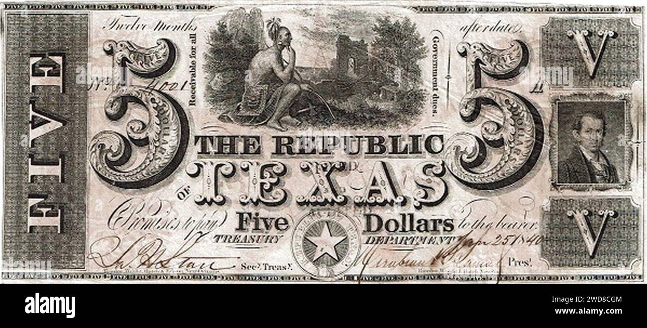 5 Dollars - Treasurer of the Republic of Texas (Act. 09.06.1837, 1839 ...