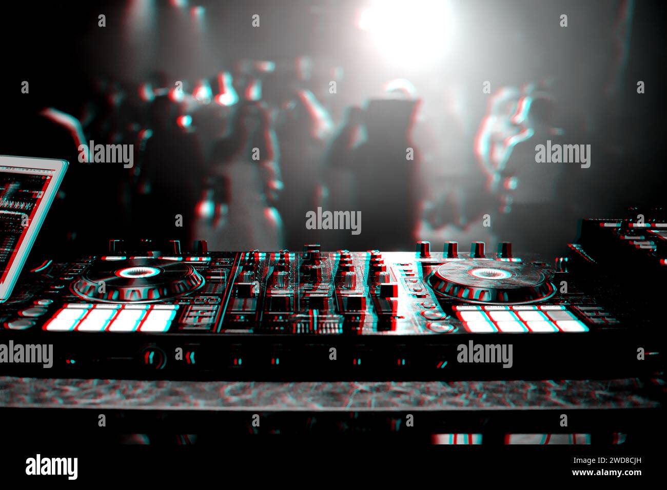 professional DJ mixer controller at a concert in a nightclub. 3D glitch ...