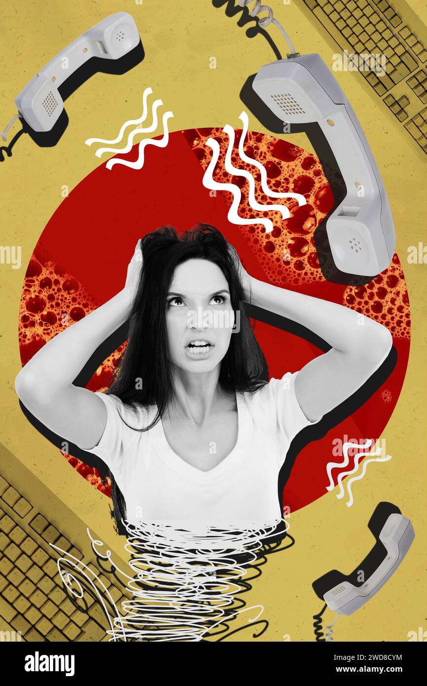 Vertical composite photo collage of annoyed woman hold head look at ...