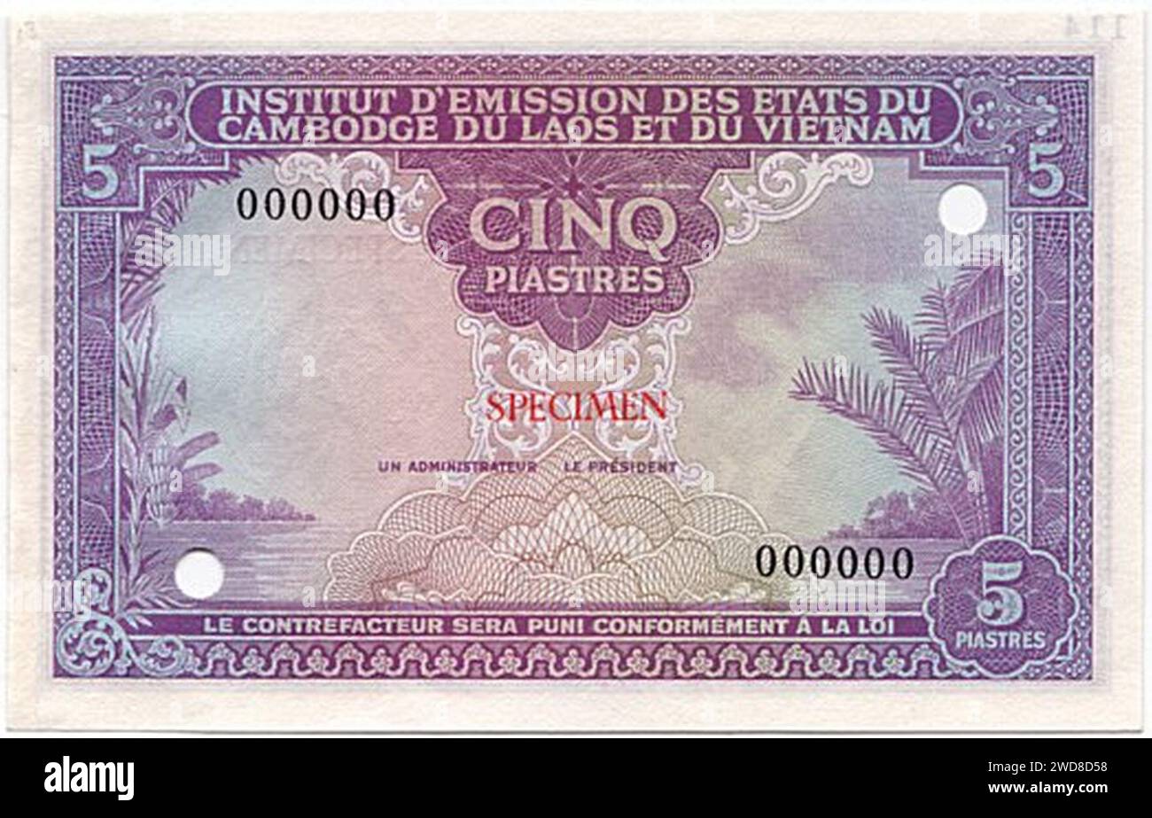 5 Piastres - Institut d'Émission des États du Cambodge, du Laos et du ...