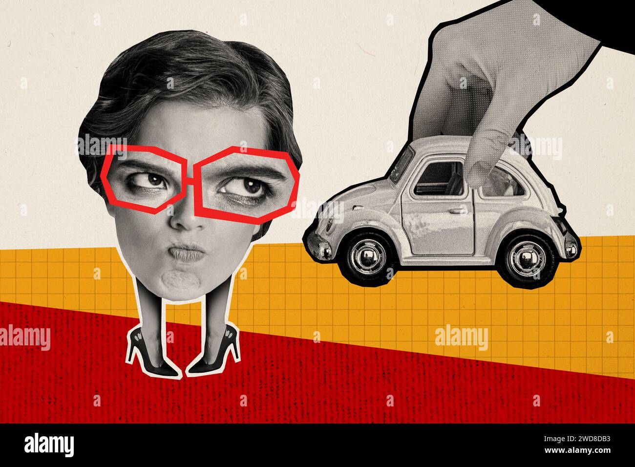 Horizontal funny surreal caricature collage photo of grumpy big headed ...