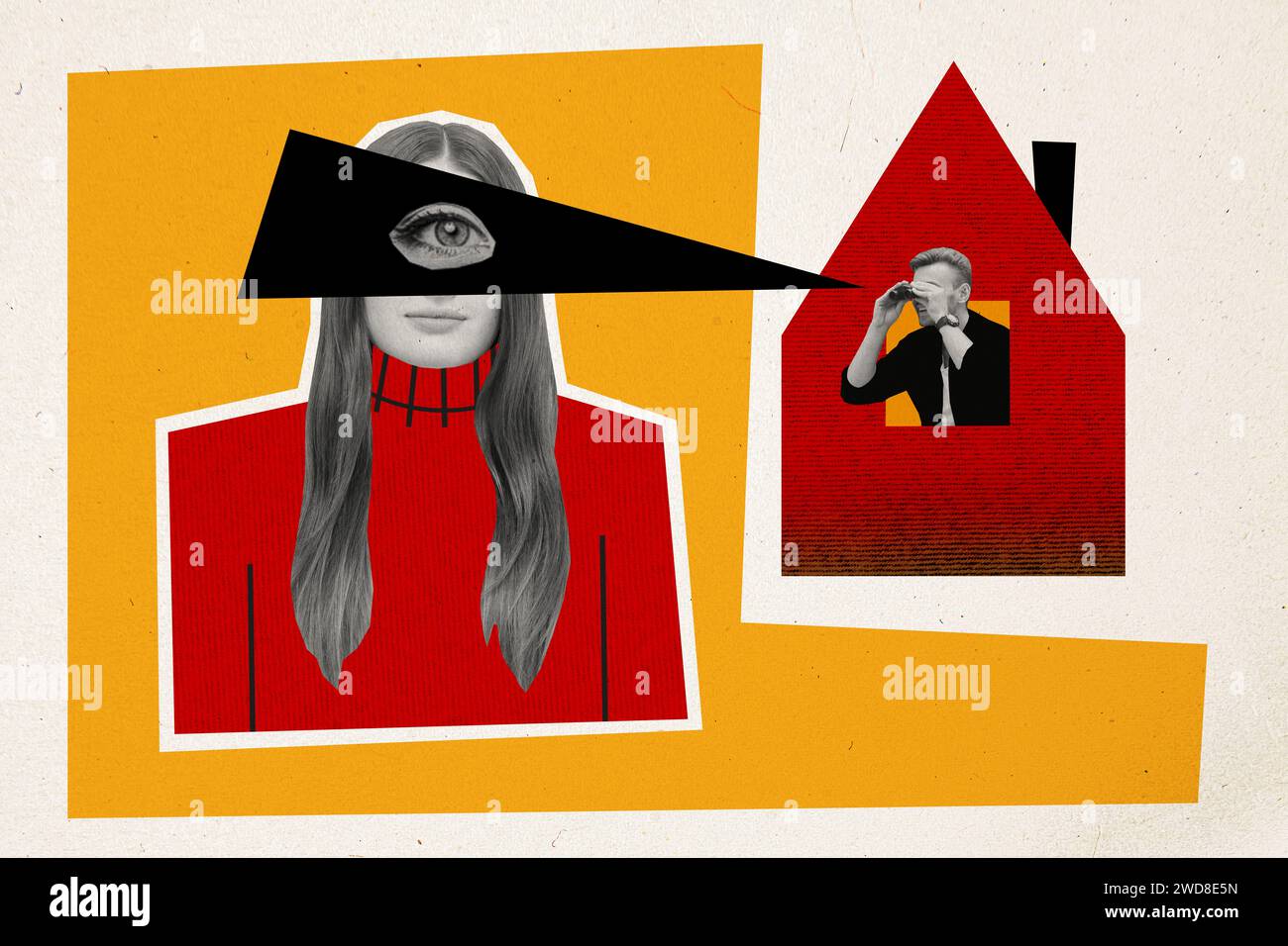 Abstract composite photo collage of young man watch in binoculars ...