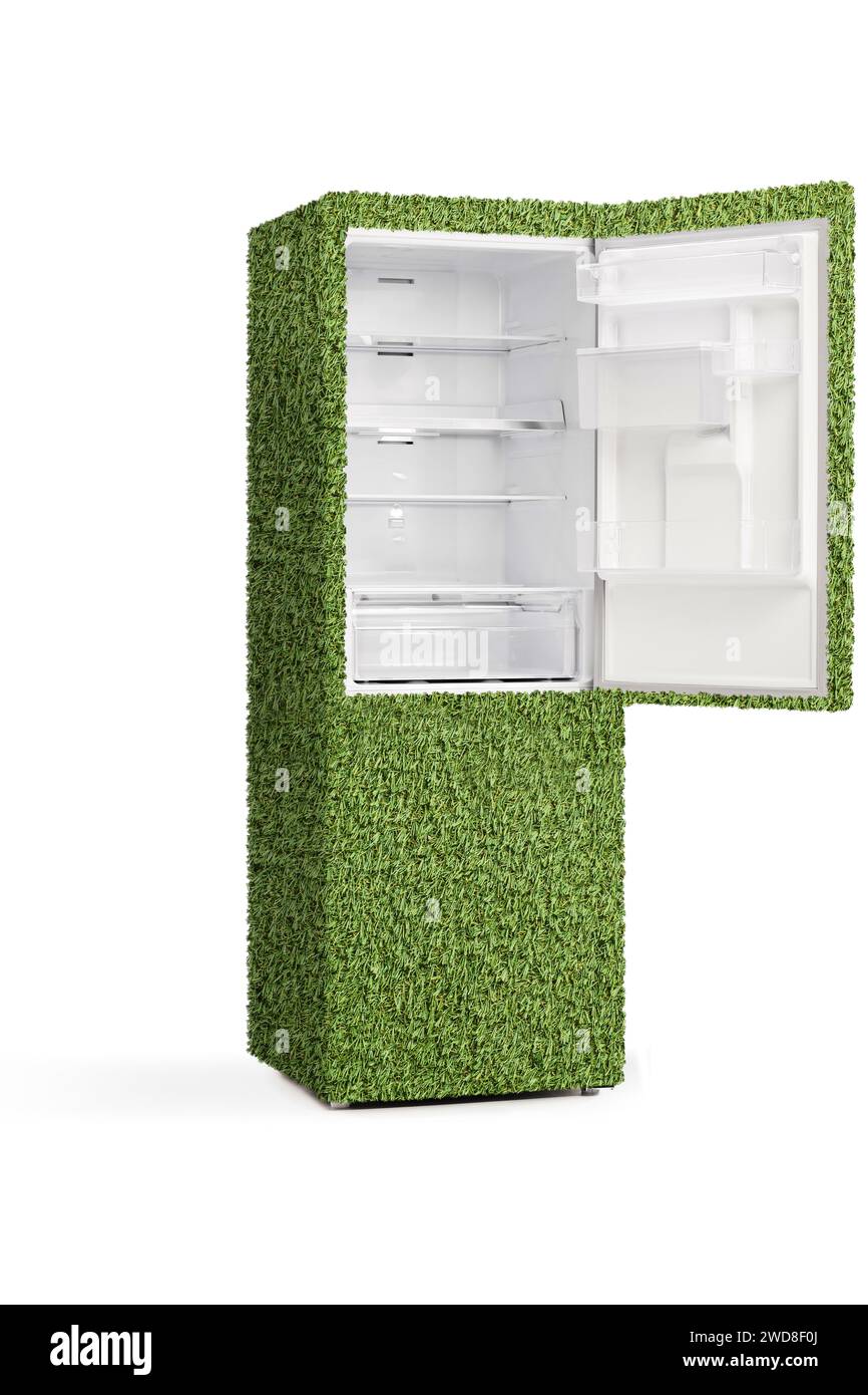 Green power efficient fridge made of grass isolated on white background ...