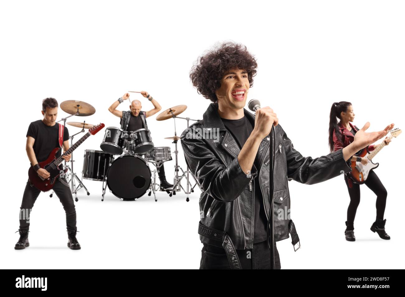 Rock male singer performing with guitarists and a drummer isolated on ...