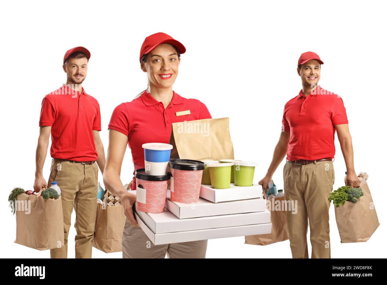 Food delivery workers holding takeaway food boxes and grocery bags ...