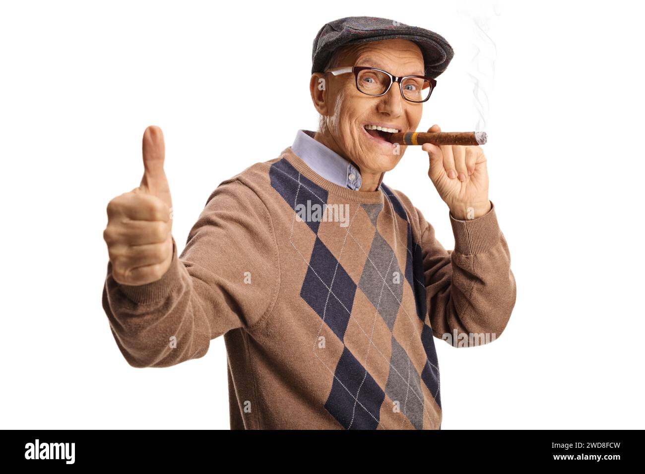 Senior man smoking a cigar and gesturing thumbs up isolated on white ...
