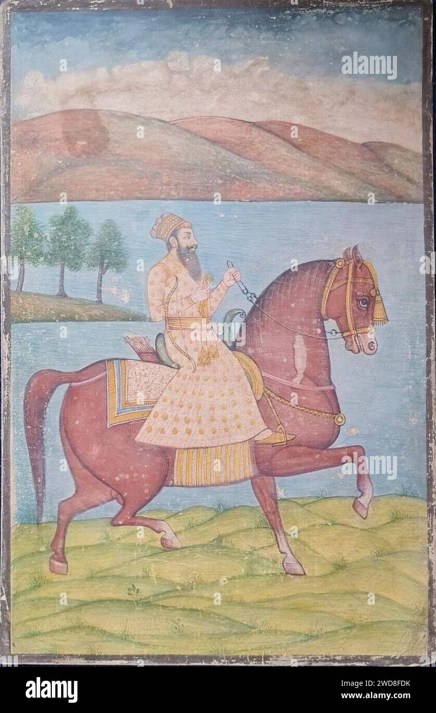 19th century miniature painting of a Sikh (possibly a Sikh Guru) on horseback with body of water ...