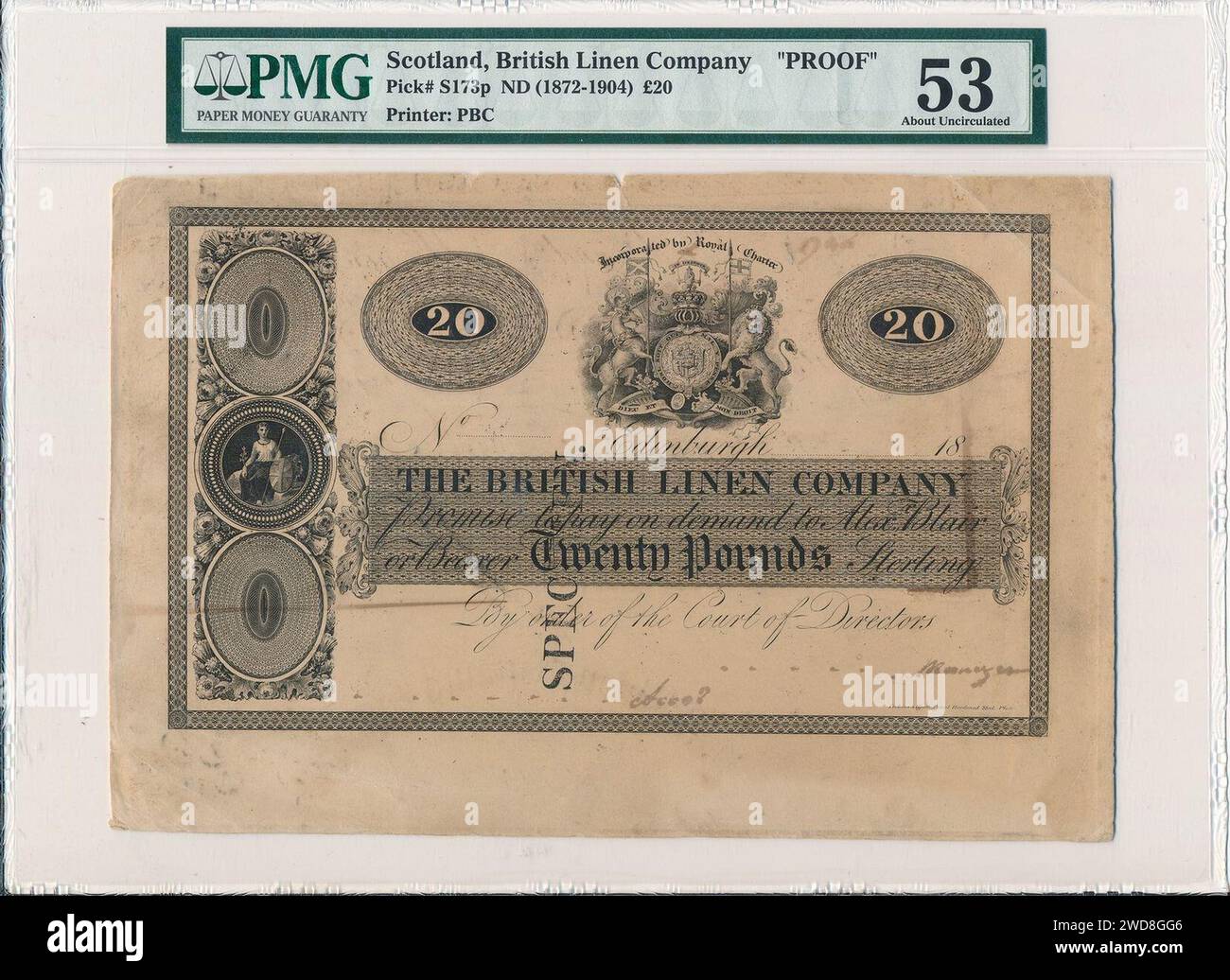 20 Pounds - British Linen Company (1872-1904) PROOF PMG - 53 ...