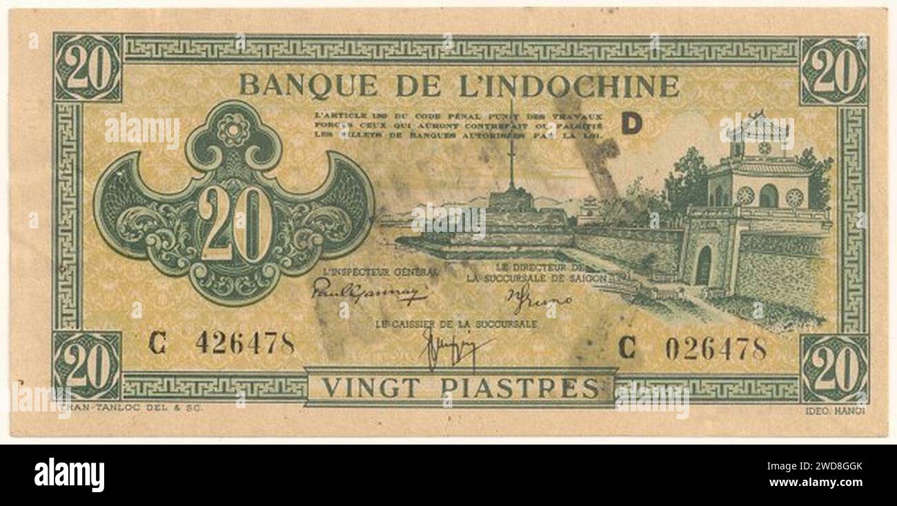 20 Piastres - Banque de l'Indochine (1942-1945, ANNULÉ) 01 Stock Photo ...
