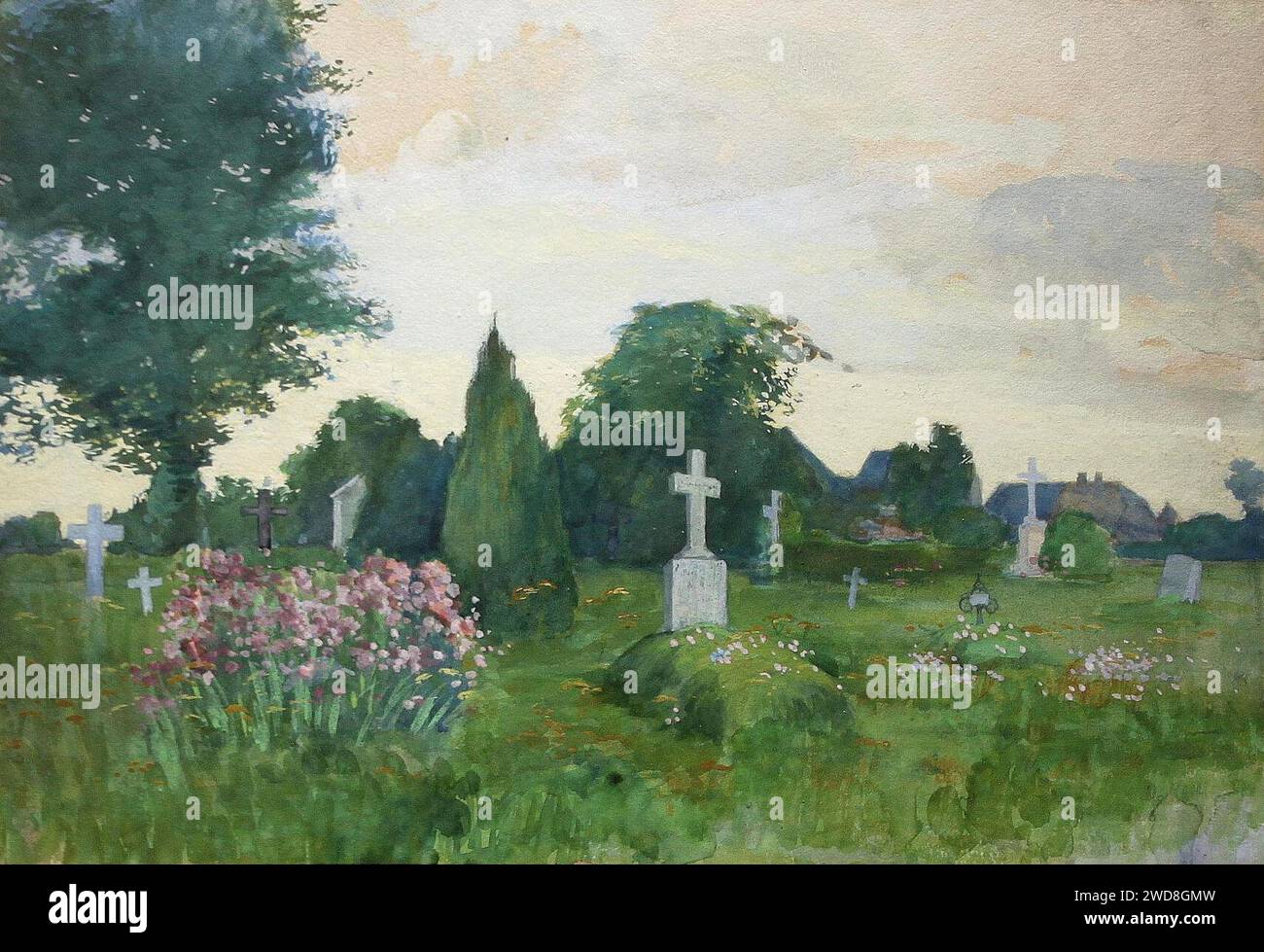 20. Jahrhundert circa Otto Kaule Gouache auf Papier Friedhof auf dem ...