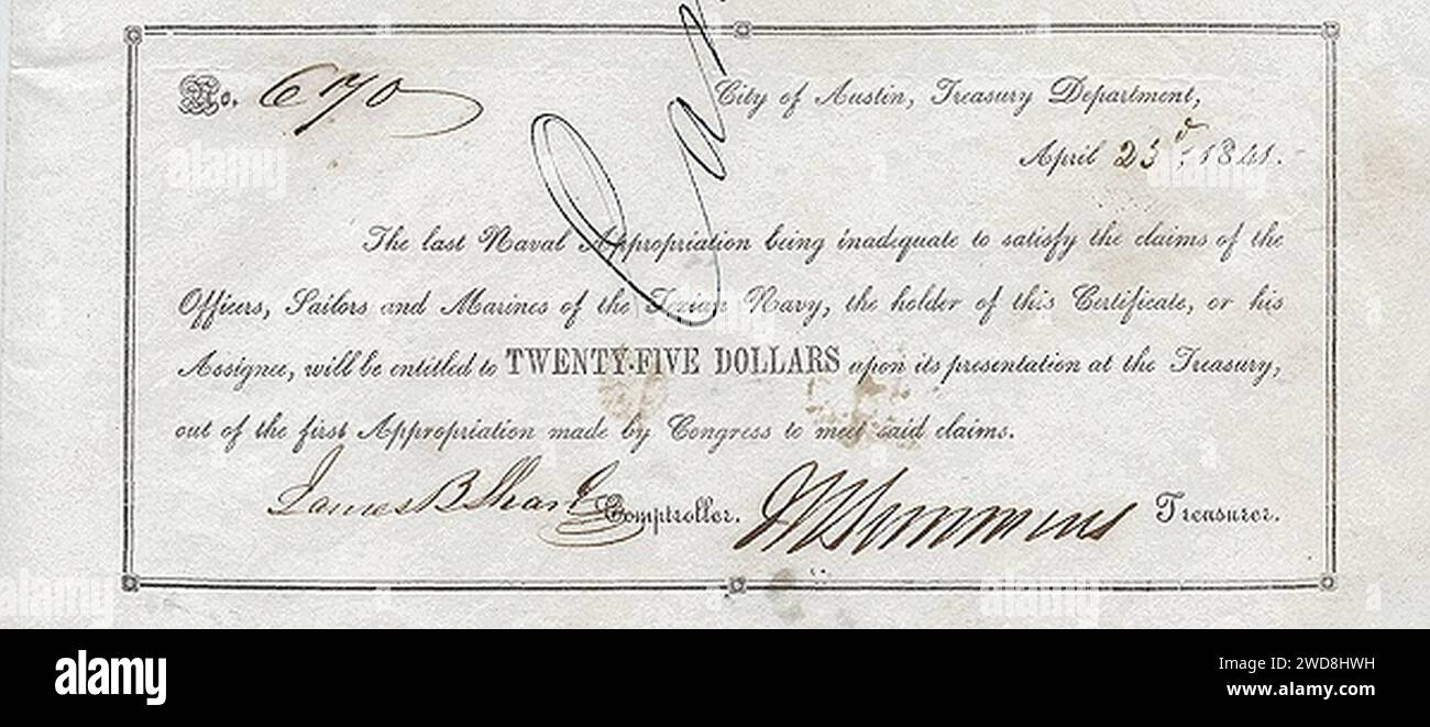 25 Dollars - Texian Naval scrip (1841) Banknote.ws - Obverse Stock ...