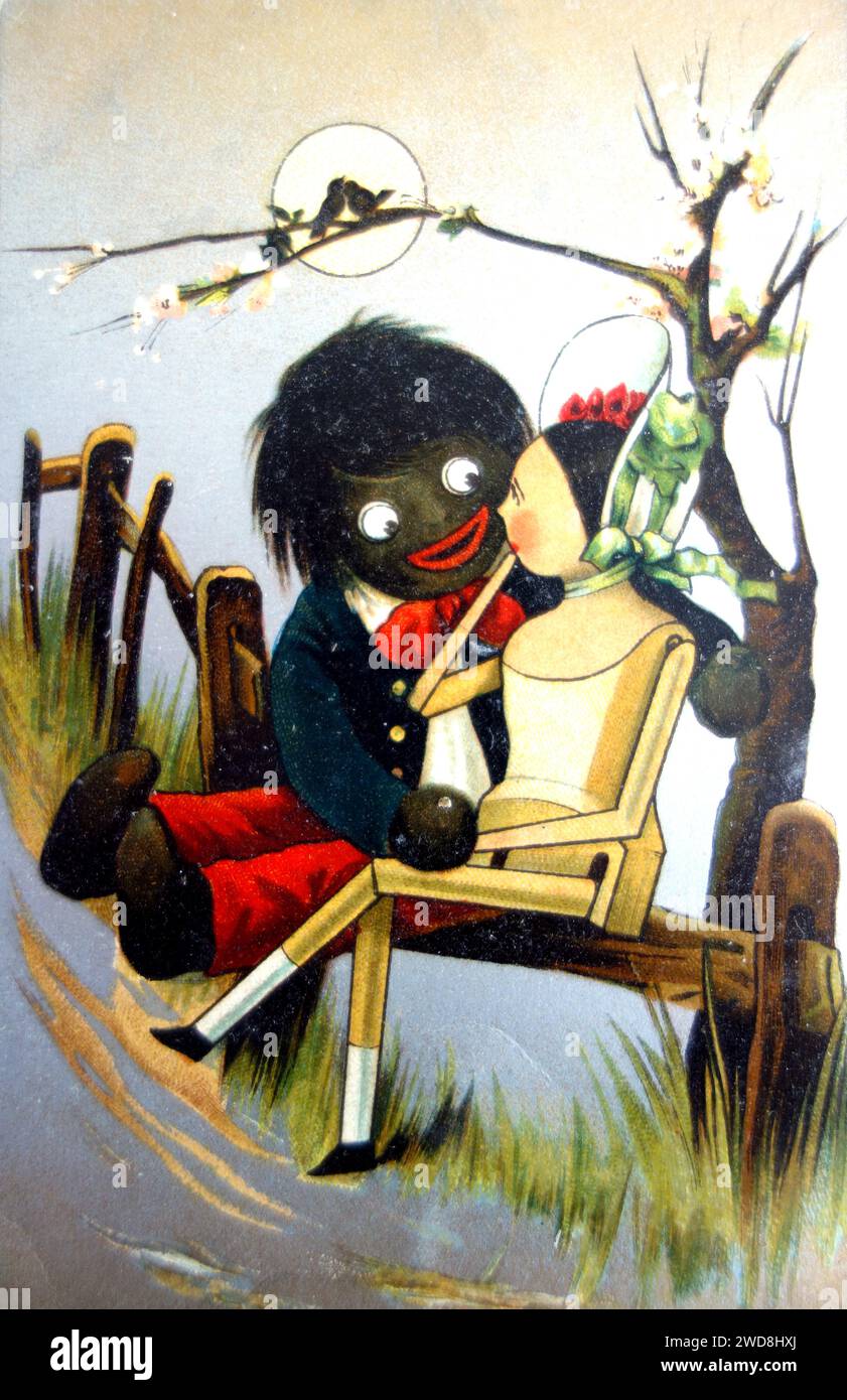 Postcard of a Golliwog & a Penny Wooden Doll Sat on a Bench Holding ...