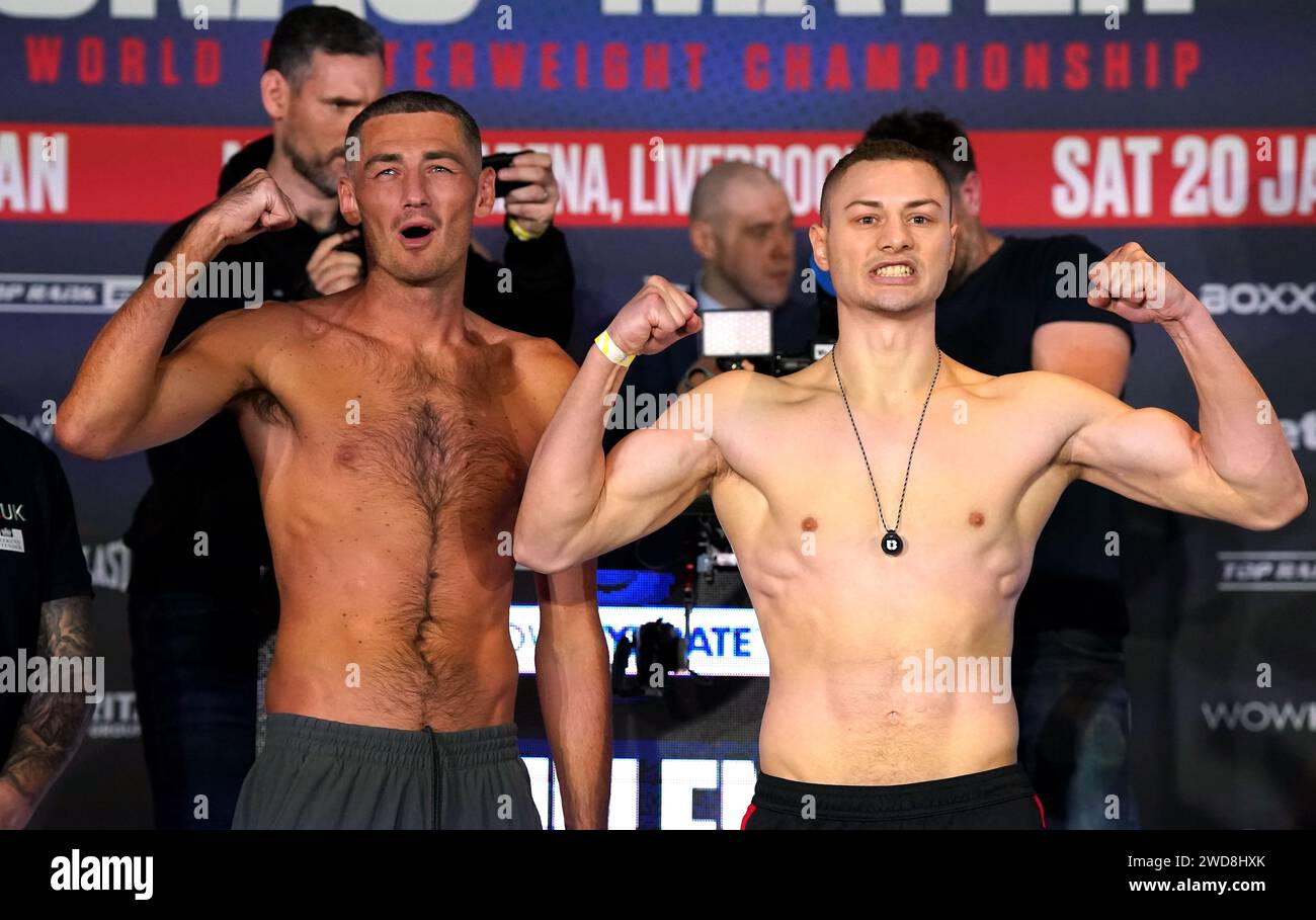 Jack Cullen and Zak Chelli (right) during a weigh-in at the Titanic Hotel, Liverpool. Picture ...