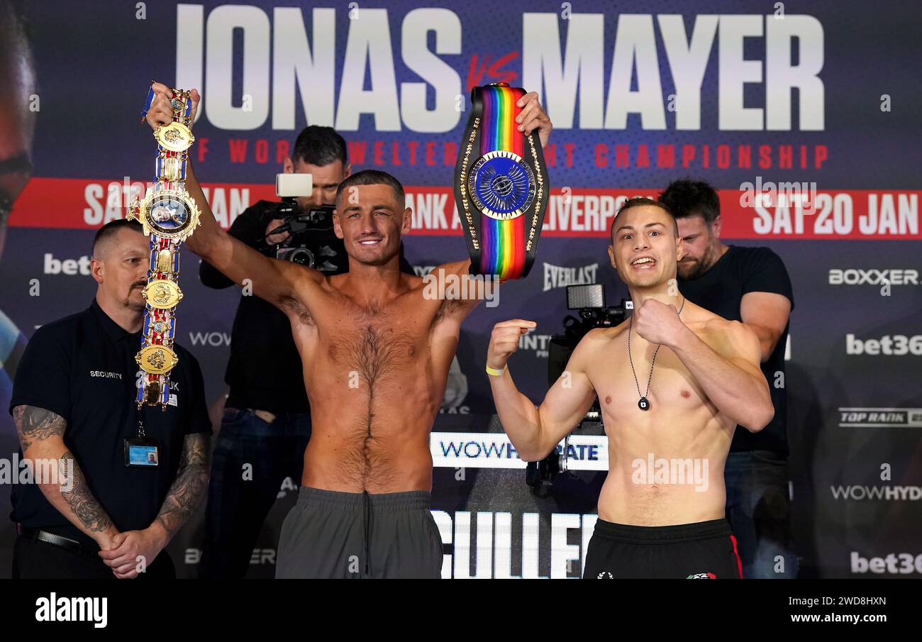 Jack Cullen and Zak Chelli (right) during a weigh-in at the Titanic ...